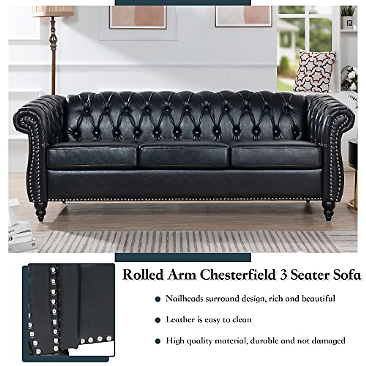 Dvasovio Chesterfield Luxury Leather Sofa, Upholstered PU Sofa with Tufted Back, Classic 3 Seater Leather Couch Rolled Arm for Living Room Office, Black