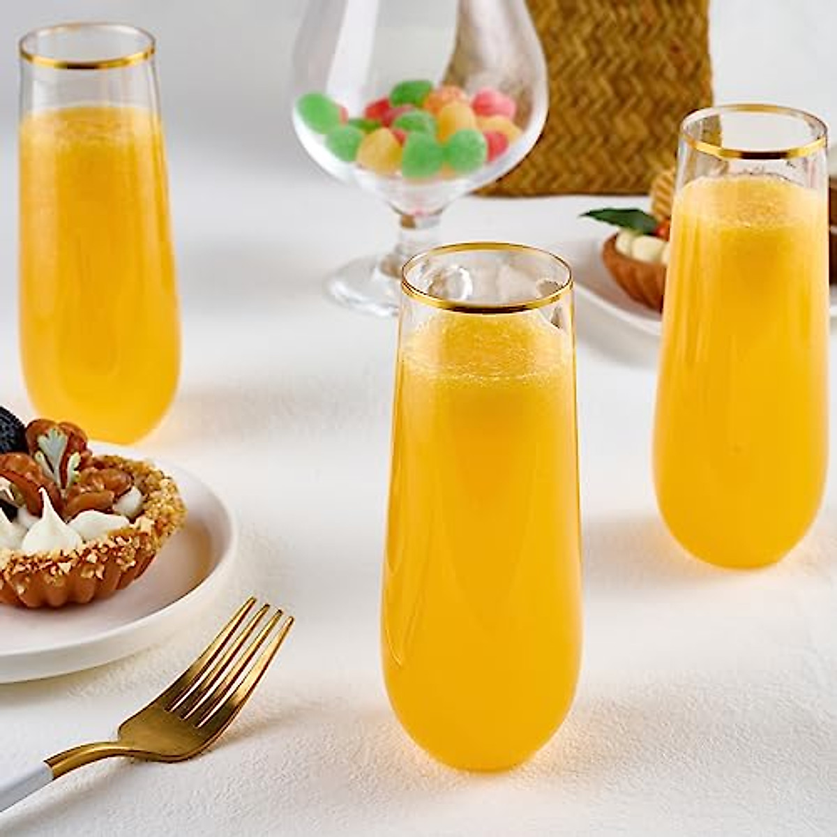 FOCUSLINE 24 Pack 9 Oz Plastic Champagne Flutes | Stemless Plastic Champagne Glasses Gold Rim, Heavy Duty Plastic Toasting Glasses | Shatterproof | Disposable Perfect For Any Party