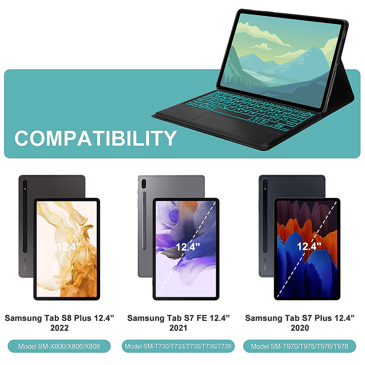 Samsung Galaxy Tab S8 Plus/S7 FE/S7 Plus 12.4 inch Keyboard Case, Smart Touchpad with S Pen Holder, 7 Color Backlit and Detachable Wireless Keyboard Cover, for Tab S7 FE 2021/S7+ 2020/S8+ 2022, Black
