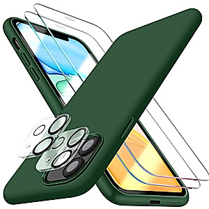 JTWIE [5 in 1 for iPhone 11 Case 6.1 inch, with 2 Pack Screen Protector + 2 Pack Camera Lens Protector, Liquid Silicone Slim Shockproof Protective Phone Case [Microfiber Lining]… (Alpine Green)