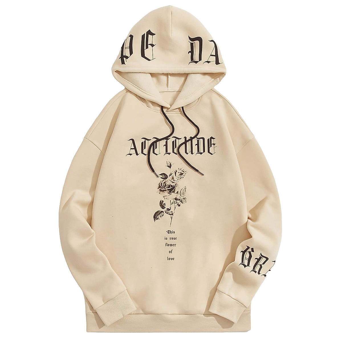 WDIRARA Men's Letter Floral Print Drawstring Long Sleeve Hoodie Casual Sweatshirt Beige M