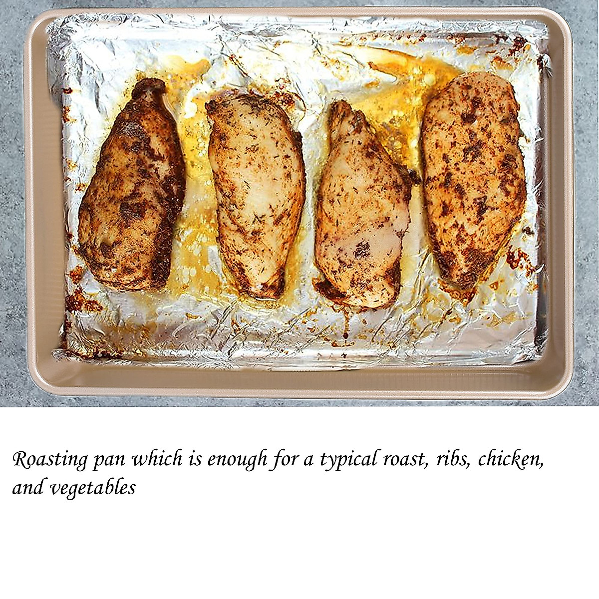 kitCom Nonstick Roasting Pan for Baking, 13.4x9.4x2.4 Inch, Heavy Duty Rectangular Baking Pan for Oven, Champagne Gold