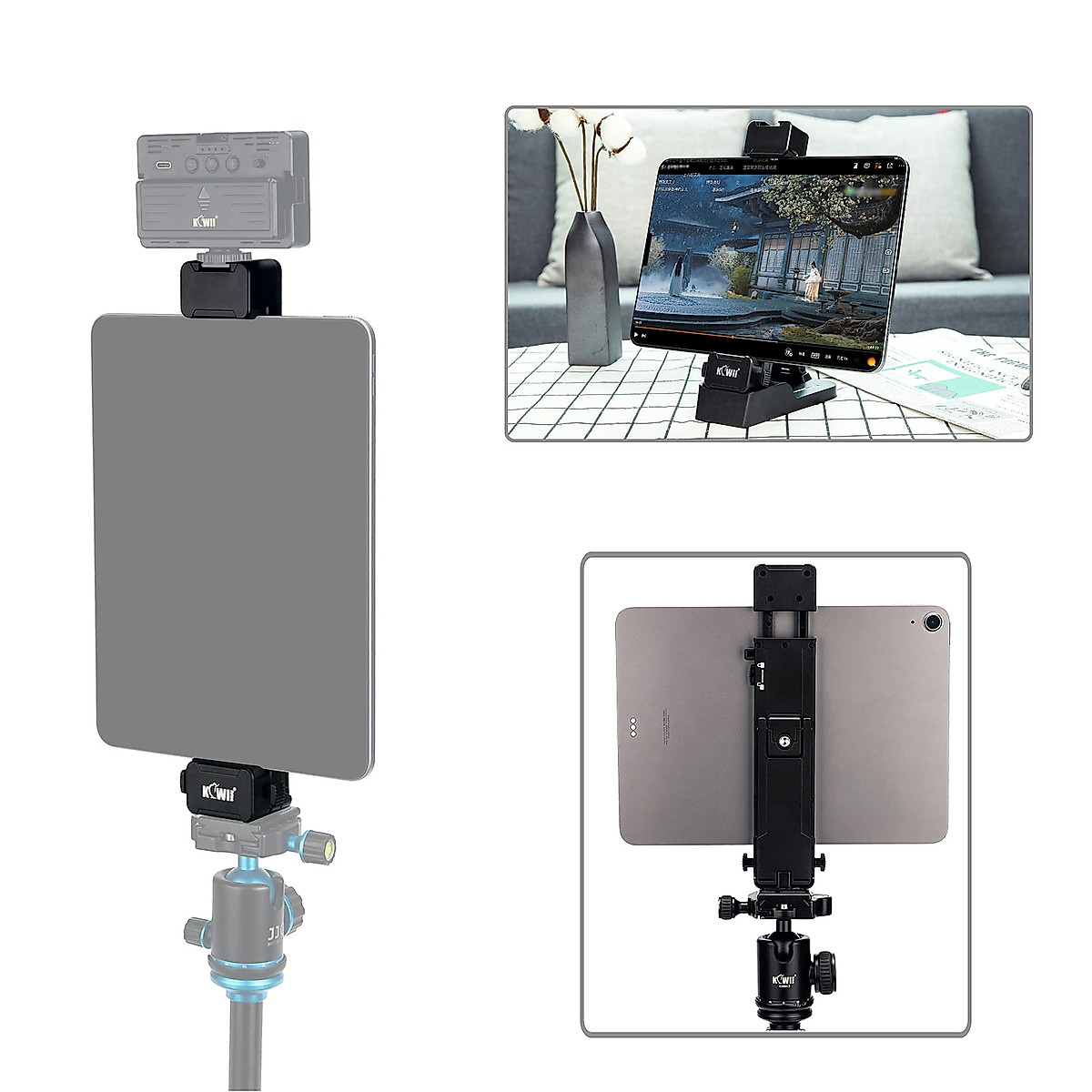 2 in 1 Versatile Tablet Tripod Mount and Desktop Stand, Tablet Tripod Clamp Holder with Cold Shoe for iPad Pro Air Mini, Fire Tablets, Samsung Galaxy Tabs to be Used on Tripod, Selfie Stick & Desk