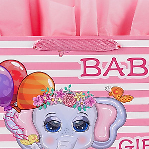 Jaywayang 12.6" Large Baby Girl Gift Bag with Tissue Paper and Greeting Card for Baby Shower, Baby Girl Birthday, New Parents, and More.