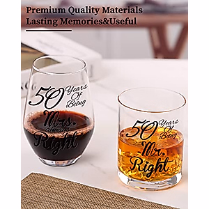 50th Wedding Anniversary - 50th Wedding Gifts for Dad, Mom, Husband, Wife, 50th Wedding Anniversary Decorations, 50th Gifts for Parents-Wine&Whiskey Glass Gift for Mr and Mrs,His and Hers18.5,13.8OZ