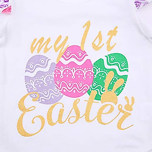 Newborn Baby Girl Easter Outfits My First Easter Short Sleeve Romper+Rabbit Print Shorts Set+Headband 3Pcs Baby Girl Easter Clothes (My 1St Easter A, 6-9 Months)