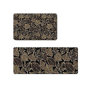 Thanksgiving Fall Bath Mat for Tub,Non Slip Bathroom Floor Runner Rug Quick Dry & Absorbent Diatomaceous Earth Shower Sink Kitchen Washable Doormat,Gold Autumn Maple Leaves Black Backdrop 16x24+16x47