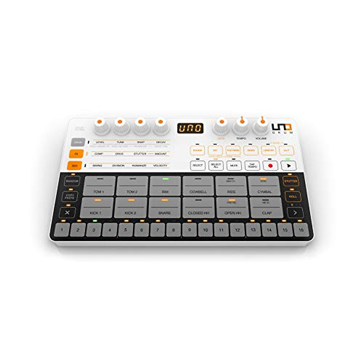 IK Multimedia UNO Drum analog and digital drum machine with 6 analog voices, 64-Step Sequencer, USB and 2.5mm MIDI, 100 pattern presets, battery-powered and portable