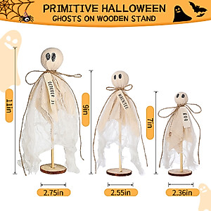 AMDBHC Halloween Decorations Indoor - 3 Set of Primitive Halloween Ghosts on Wooden Stand Spooky Halloween Ghosts Decor for Table Centerpieces Tiered Trays Shelves Mantels Home Halloween Décor