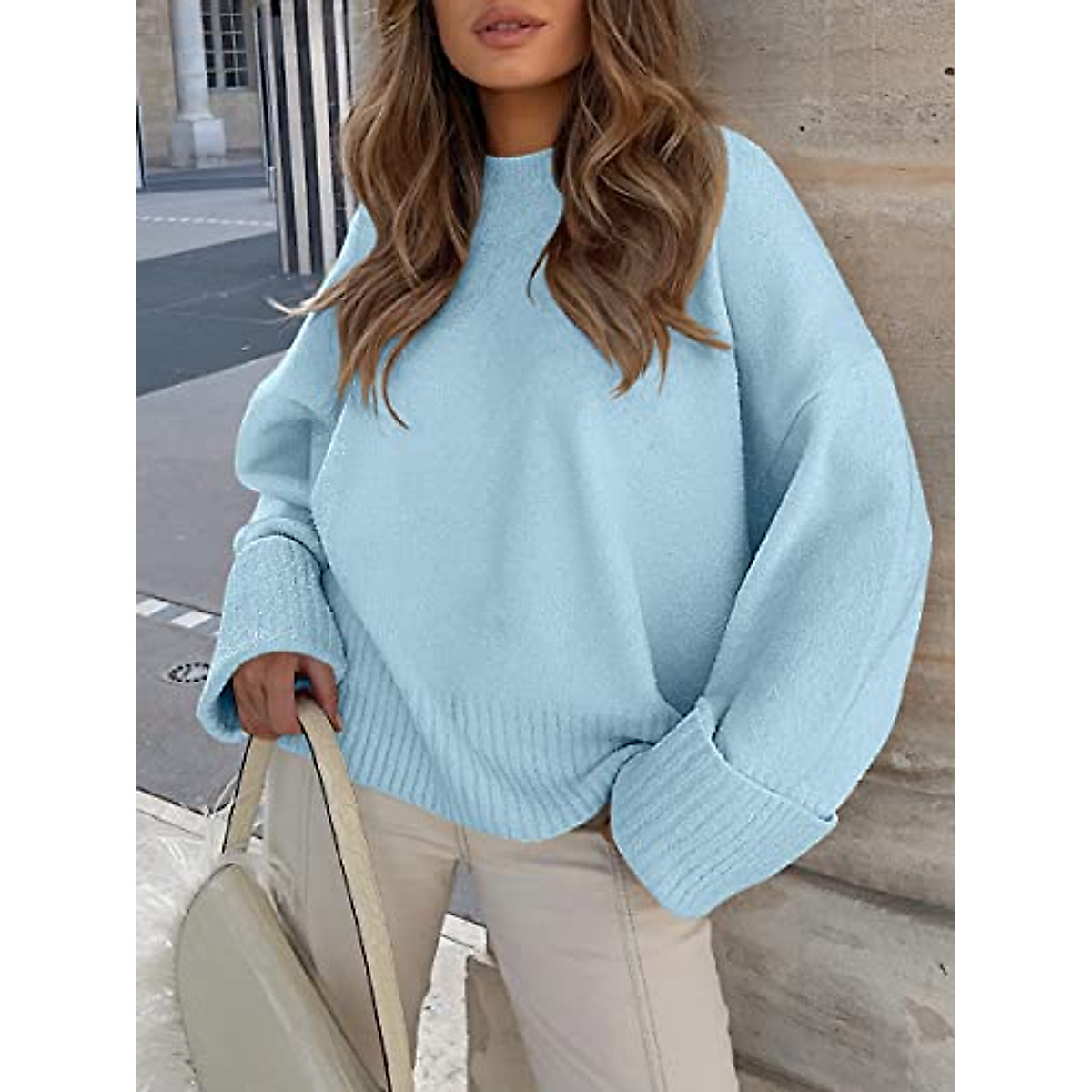 ANRABESS Women's Oversized Crewneck Long Sleeve Fuzzy Knit Casual Chunky Warm 2025 Fall Pullover Sweaters Top Trendy Outfits Blue X-Large