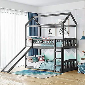 House Bunk Beds with Slide, Twin Over Twin Bunk Bed with Roof, Solid Wood Playhouse Bunk Bed for Kids Girls Boys Teens