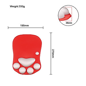 Cute Cat Paw Mouse Pad, Precision Mutispandex Surface, Soft Silicone Filling, Non-Slip PU Base, 270 x 195mm / 10.6 × 7.7 in (Red)