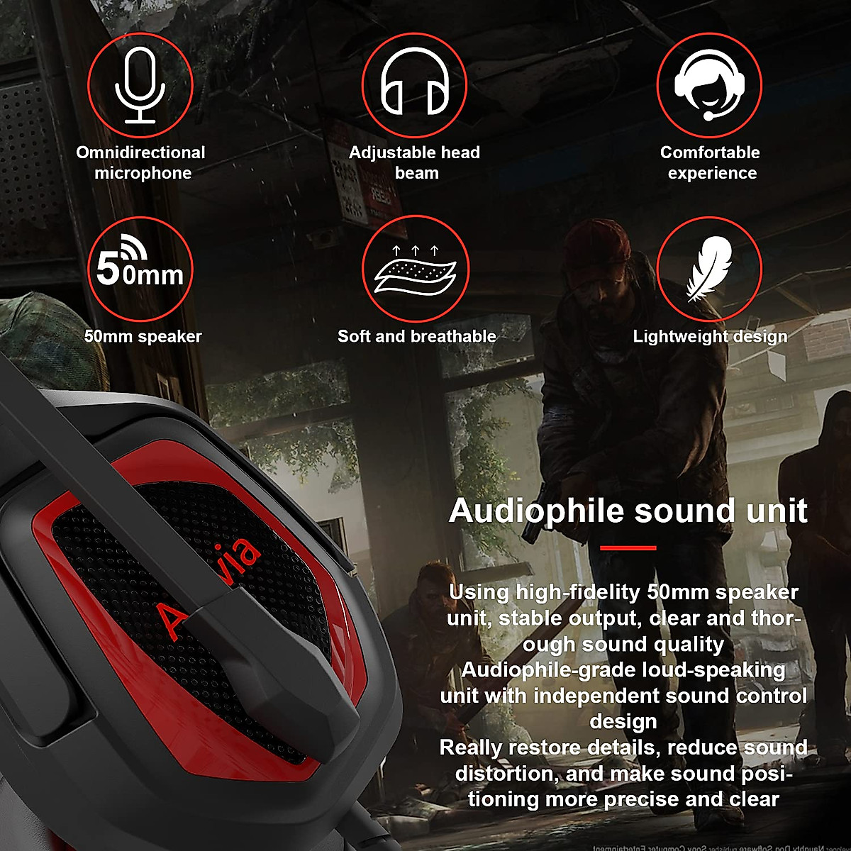 Computer Over-Ear Stereo Surround Sound Headphones Wired with Microphone - MH602X Noise-isolating 3.mm Headsets Gaming Headset with Microphone, volume Control, Bass for Multi-Platforms, Black Red