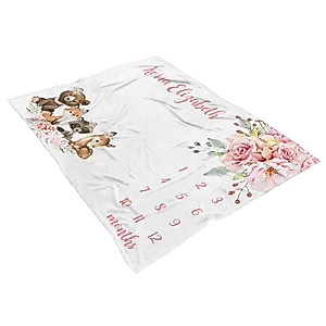 Floral Woodland Baby Monthly Blanket Girl, Personalized Girl Blanket Track Baby Growth, Monthly Growth Blanket, Woodland Baby Girl Blanket, Decor, Super Soft Plush Blanket for Baby 30x40