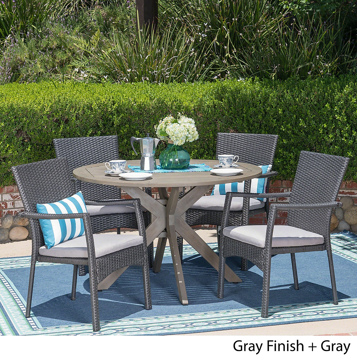 Christopher Knight Home Layna Outdoor 5 Piece Wood and Wicker Dining Set, Gray Finish/Gray