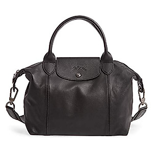 LongChamp Women's Le Pliage Black Leather Top Handle Leather Tote Handbag Medium