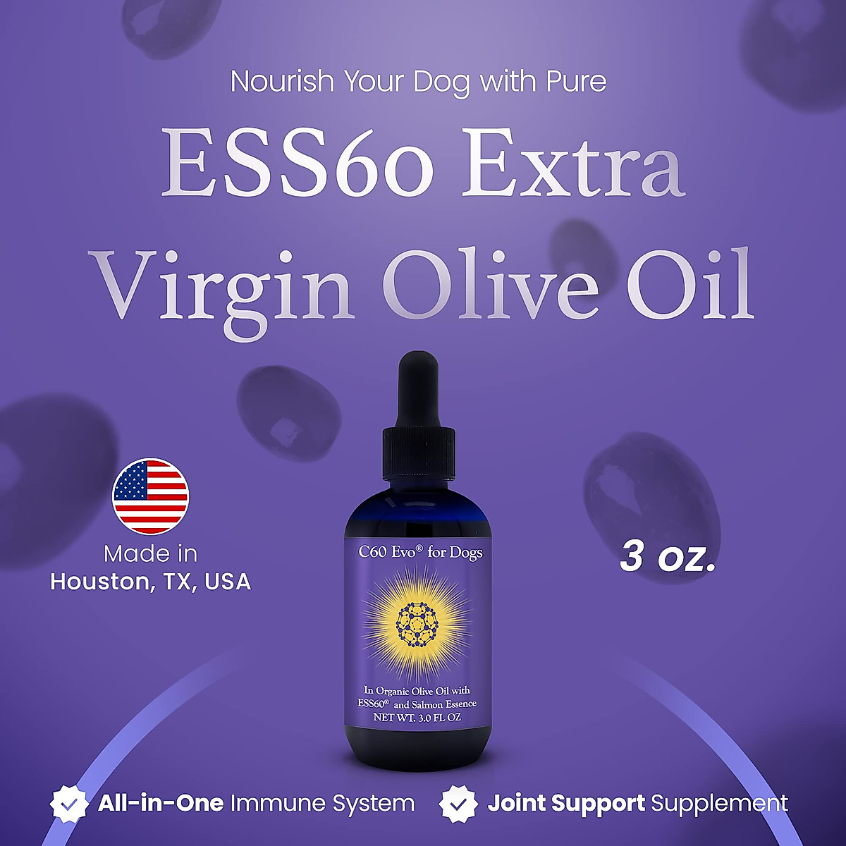 C60 Evo Dog Supplement, Pure ESS60 in Extra Virgin Olive Oil for Dogs, All-in-One Dog Immune Supplement, Dog Joint and Energy Support, Infused with Natural Bacon Essence, 3 oz - C60 Evo
