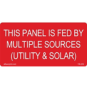 Photovoltaic Labels for PV Solar System"This Panel ID FED Multiple Sources(Utility & Solar)" _4" x 2" _Pack of 12