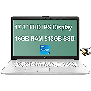 HP 17 Flagship Laptop Computer 17.3" FHD IPS Display 11th Gen Intel Quad-Core i5-1135G7 (Beats i7-10510U) 16GB RAM 512GB SSD Intel Iris Xe Graphics Webcam Win10 Silver + HDMI Cable
