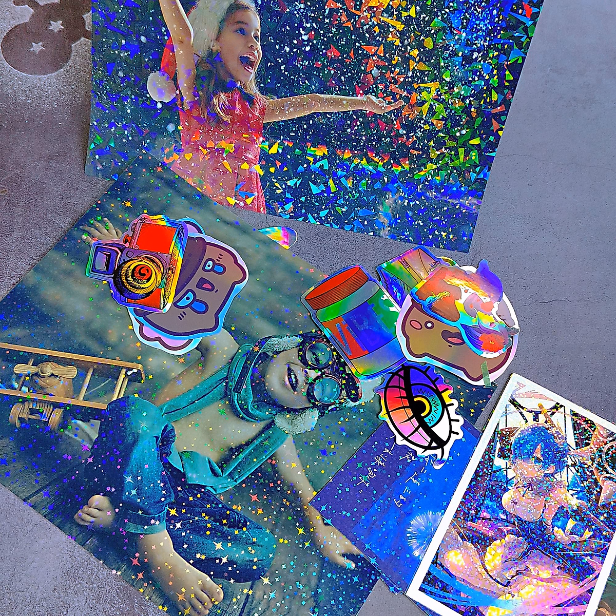 25 Sheets A4 Size (8.25”x11.7“）Holographic Sticker 5 Styles Mixed Clear Adhesive Laminted Film Holographic Overlay No need Machine