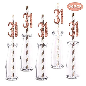 Rose Happy 31st Birthday Straw Decor, Rose Gold Glitter 24pcs Cut-Out Number 31 Party Drinking Decorative Straws, Supplies
