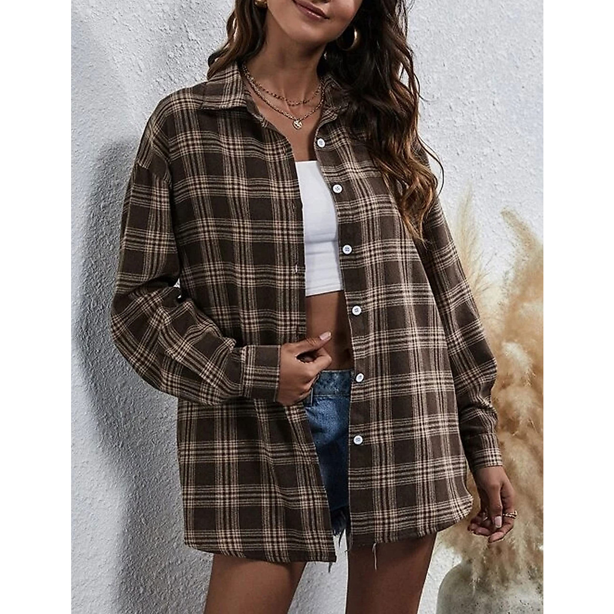 Bozanly Flannel Buffalo Plaid Shirts for Women Oversized Button Down Shacket Blouse Tops(0001-Brown-S)