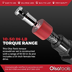Olsa Tools Torque Screwdriver Set (10-50 in lb Torque Range) | Professional Grade Certified Limiting Torque Screwdriver | Inch Pounds Torque Driver Set