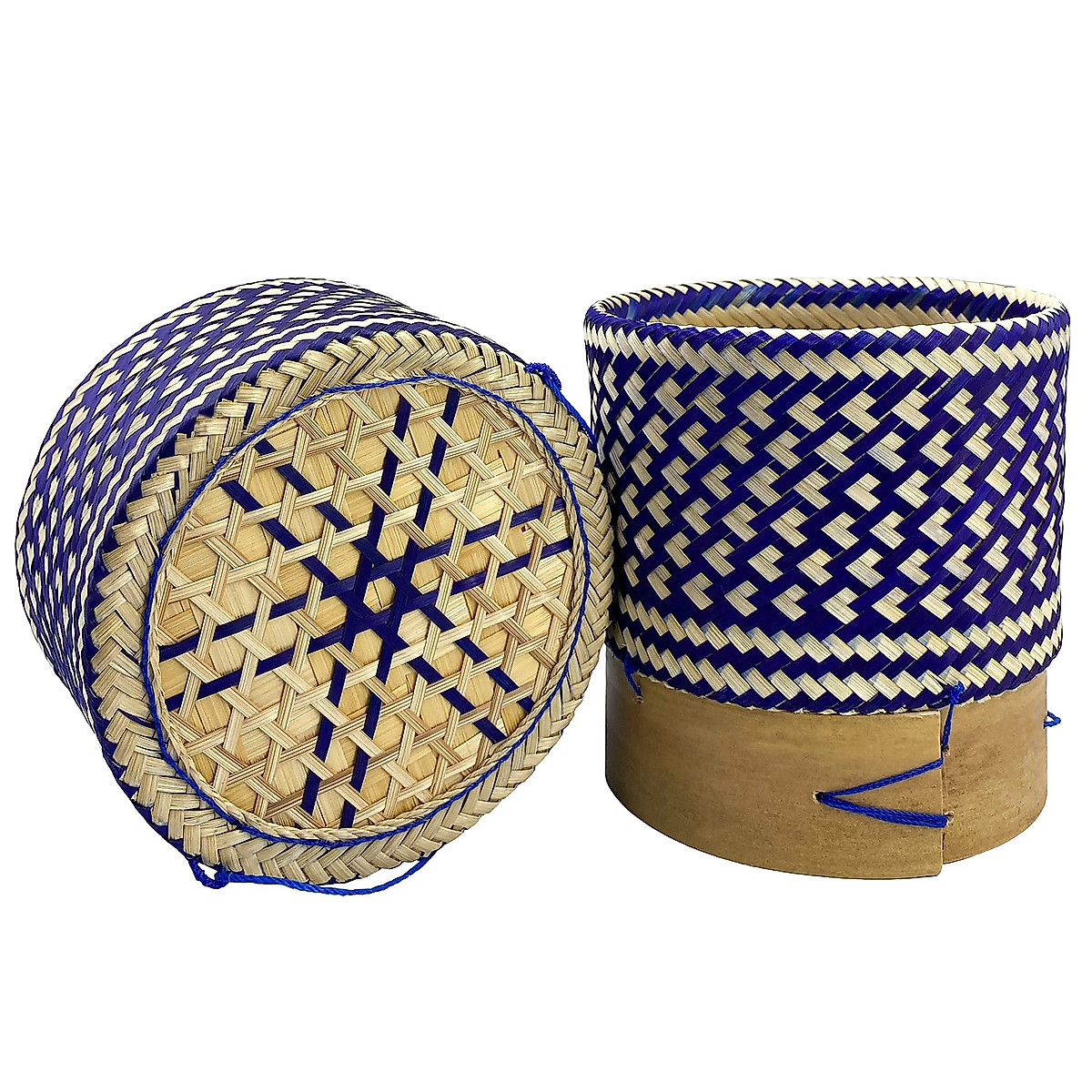 PANWA Bamboo Sticky Rice Serving Basket Thai Kratip Container 100% Handmade Traditional Village Handicrafts with Vegetable Plant Based Dye Coloring Shades Food Safe (Butterfly Pea)