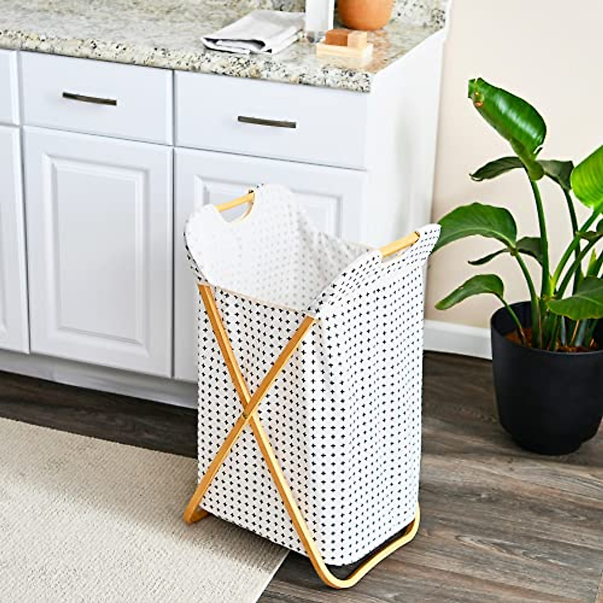 Household Essentials Bamboo X Frame Hamper with Cross Pattern, Black and White