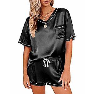 Ekouaer Women Silk Pajama Sets Loose V Neck Two Piece Satin Pjs Sets Short Sleeve Luxury Silky Nightwear Black XL