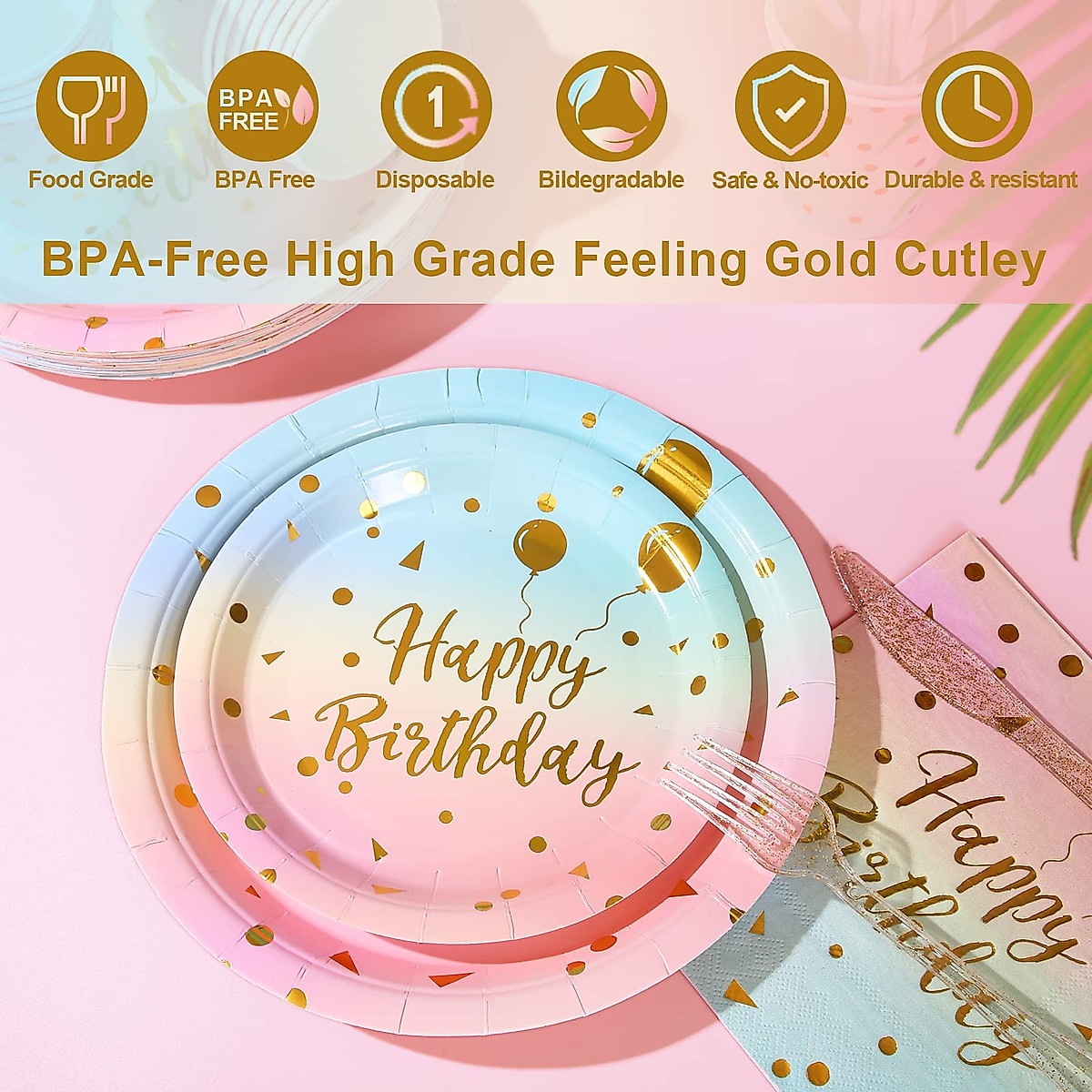 Boocikey 200 Pcs Pastel Party Supplies Birthday Party Plates and Napkins Sets,Disposable Pastel Birthday Plates - Rainbow Paper Plates Napkins Cups for Birthday Baby Shower Party Decorations