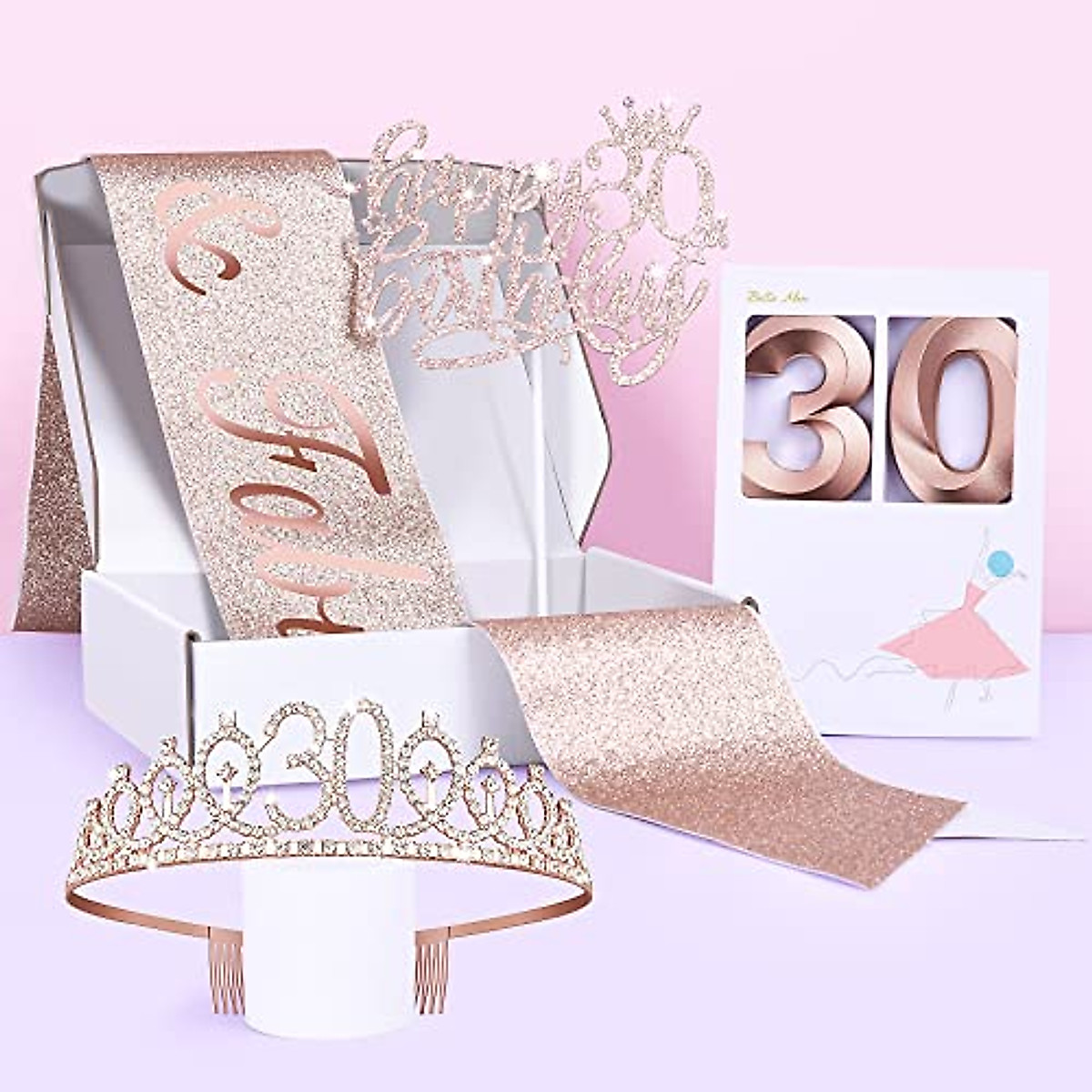 Bella Meri 30th Birthday Gifts for Women, 30th Birthday Tiara Crown, Sash, Cake Toppers,Birthday Candles, 30 Birthday Decorations Women