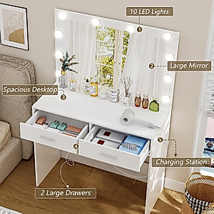 usikey Vanity Desk with Large Lighted Mirror, Makeup Vanity with 10 Lights, 2 Drawers & Power Strip, Vanity Desk Set, Dressing Vanity Tables for Women Girls, Bedroom, White