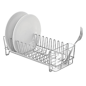 mDesign Steel Compact Modern Dish Drying Rack with Removable Cutlery Tray, Caddy - Dish Drainer, Dish Rack for Kitchen Counter, Sink - Holds Dishes, Utensil, Board - Concerto Collection - Chrome/Clear