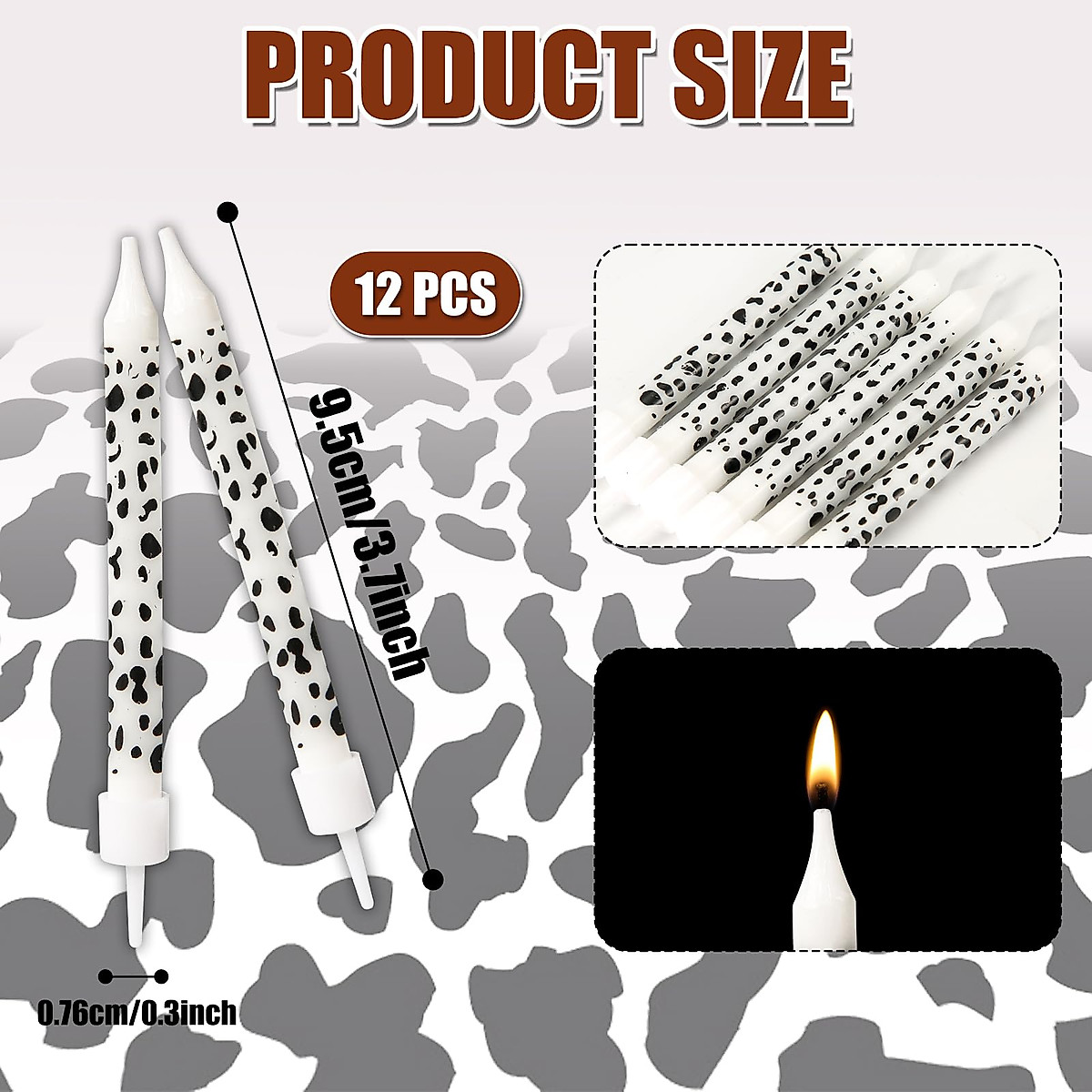 12pcs Cow Candles, Cow Print Cake Topper Birthday Party Candles Cake Decorations Baby Shower Birthday Farm Animal Theme for Girls Boys Party Favor Supplies