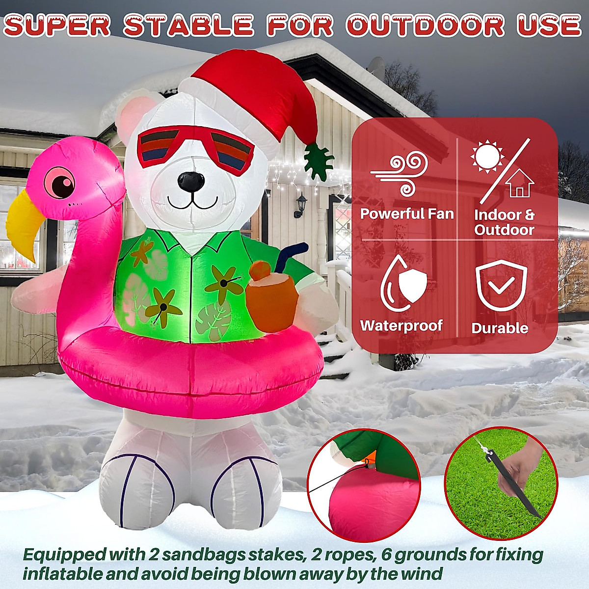 Kofero Christmas Inflatables Outdoor Decorations 6FT Hawaii Polar Bear Cute Blow up Xmas Decoration with Led Lighted Inflatable Yard Décor for Indoor Outside Holiday Party Garden Lawn