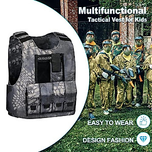 Kids Tactical Vest Kit Teens Airsoft Vest Outdoor Woodland CS Multi-Function Combat Assault Training Protective Adjustable Vest