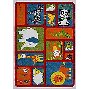 Ladole Rugs Adorable Animals Theme Contemporary Kids Area Rug - Carpet for Living Room Bedroom Entrance Hallway Carpet - Red Multicolor, 4x6 (3'11" x 5'3" 120cm x 160cm)