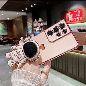 AIGOMARA 6D Plating Astronaut Hidden Stand Case Cover for Samsung Galaxy S21 Ultra 5G Women Astronaut Folding Bracket Kickstand iPhone Case with Camera Protector Soft TPU Shockproof Bumper - Pink