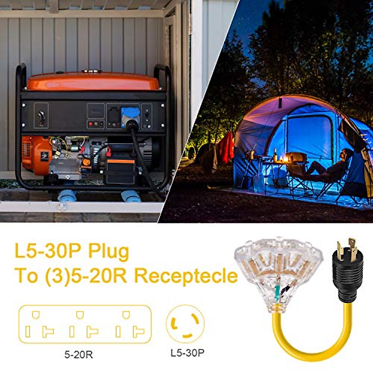 Rophor 30 Amp to 110 Adapter Generator Power Cord, 3 Prong 30 Amp to 15 Amp Generator Adapter, Nema L5-30P Male to 3X 5-20R Female with Lighted End, 1.5 FT