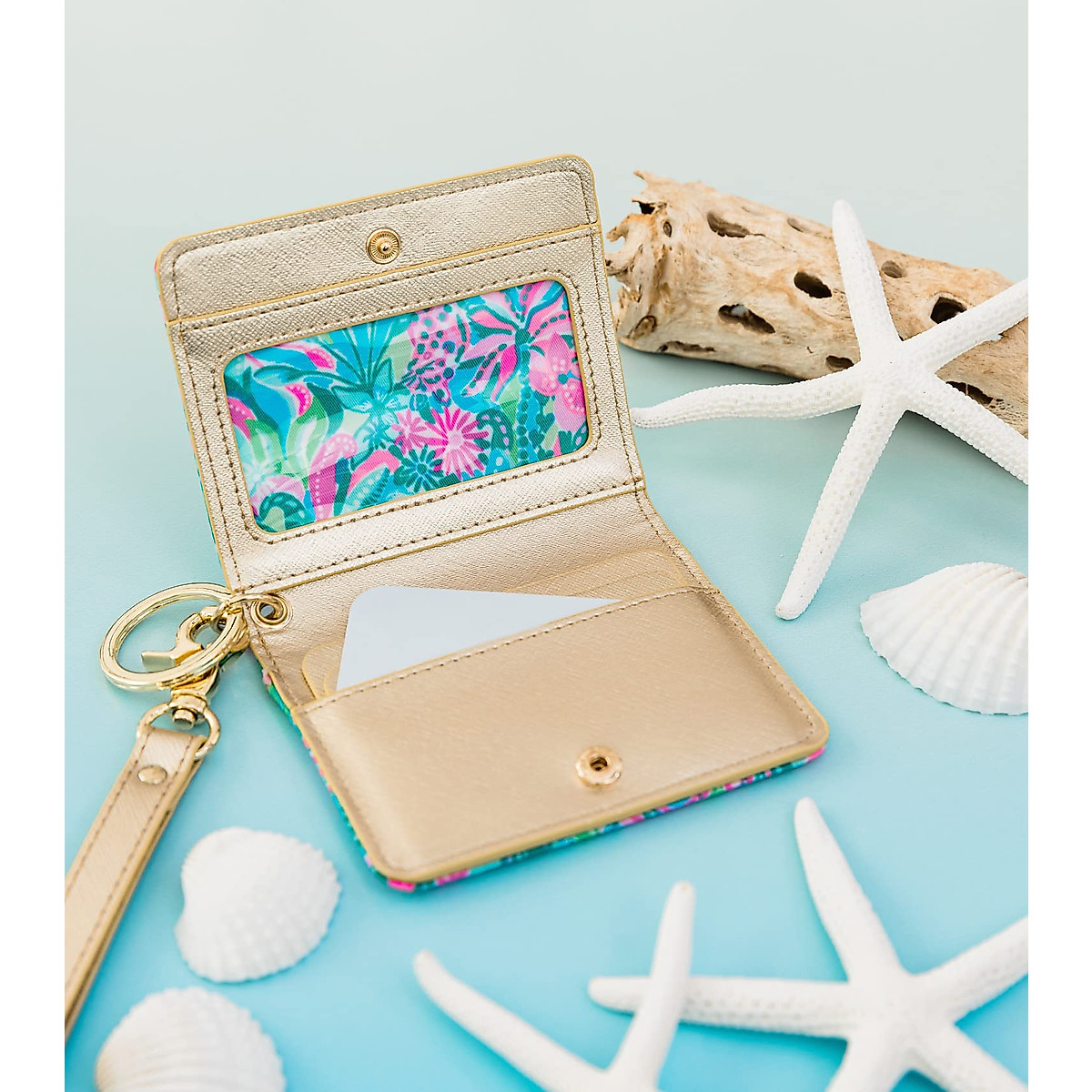 Lilly Pulitzer Snap ID Card Case, Cute Blue Keychain Wallet, Slim Credit Card Holder with Wristlet Strap, Golden Hour