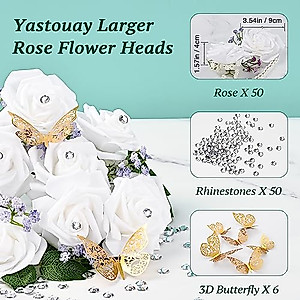 Yastouay 50Pcs 3.5inch Foam Rose Heads White Artificial Flowers Bulk Fake Foam Roses Stemless with Rhinestones & Butterfly for DIY, Baby Bridal Shower Cake Home Wedding Decor