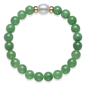 14K Gold Natural Jade and Freshwater Pearl Stretch Bracelet for Women