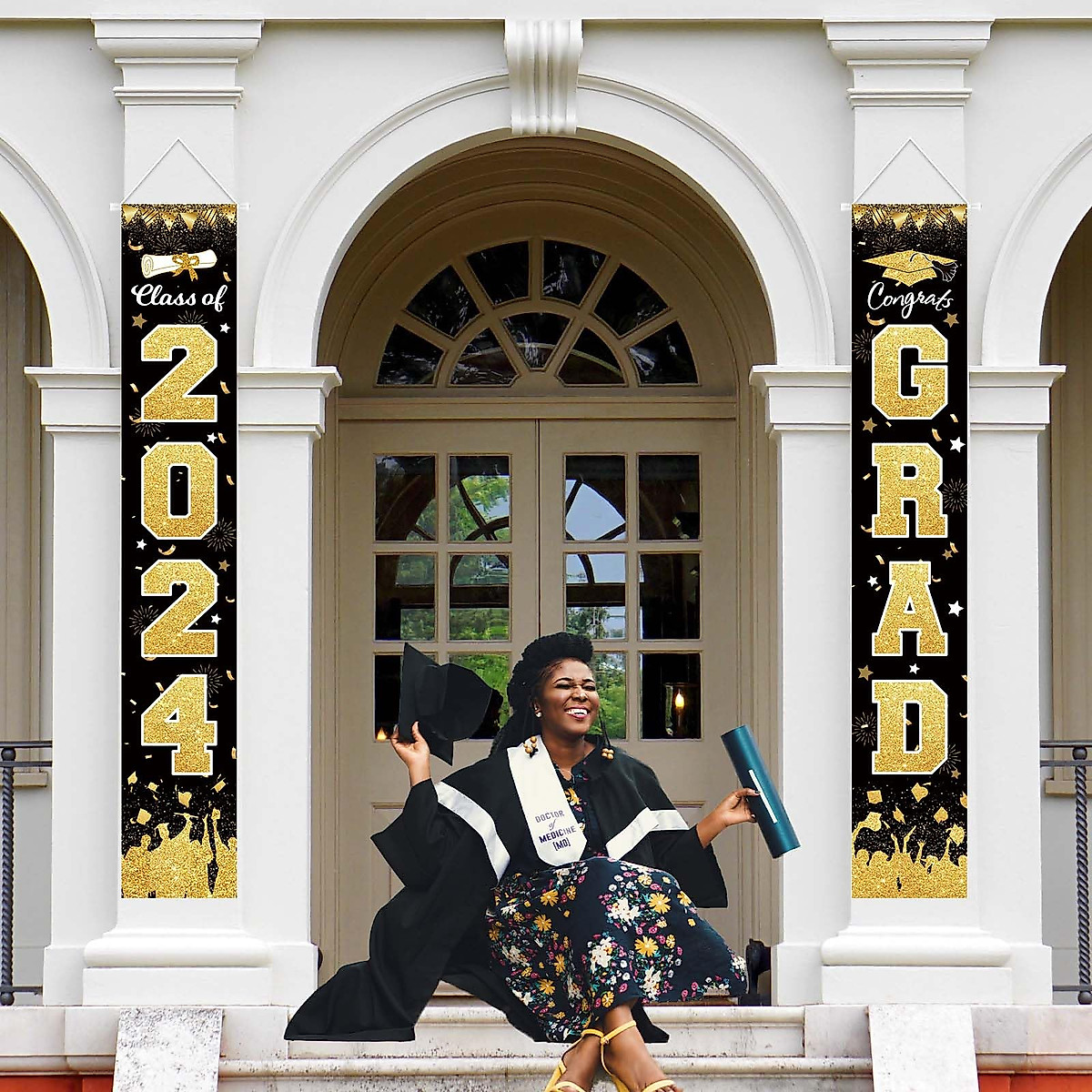 2024 Graduation Party Decorations - Green Gold Class of 2024 Congrats Grad Porch Sign Banner Hanging Flag Graduation Party Supplies for School College Classroom Decor