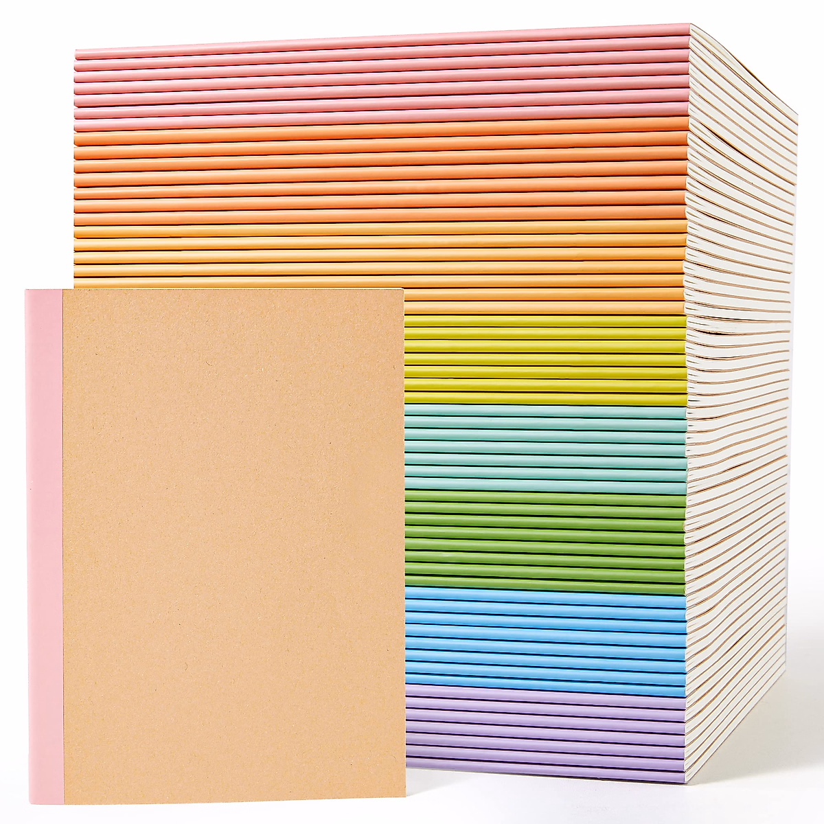 feela 56 Pack Composition Notebooks Bulk, Kraft Cover Lined Blank College Ruled Composition Travel Journals with Rainbow Spines For Women Students Business, 60 Pages, 8.3”x 5.5”, A5, 8 Pastel Colors