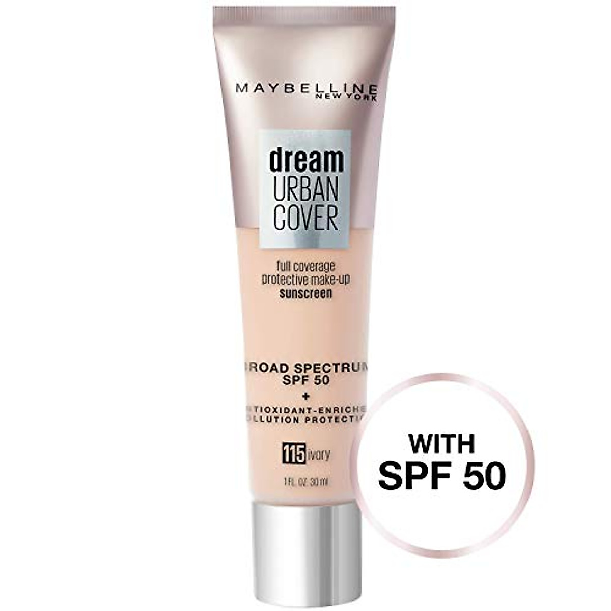 Maybelline Dream Urban Cover Flawless Coverage Foundation Makeup, SPF 50, Ivory