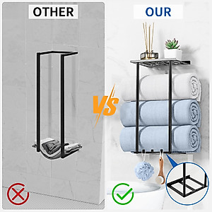 Towel Racks for Bathroom, Metal Wall Mounted Towel Rack Sturdy, Towel Storage for Bathroom Rustproof Towel Holder with Hook, Lavatory Bathroom Storage for Large Towels/Rolled Towels - Black