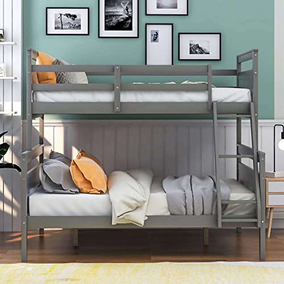 Twin Over Full Bunk Bed,Solid Pinewood Bedframe w/Safety Guardrails and Ladder,Can Be Separated into 2 Beds,for Dorm,Bedroom,Guest Room Furniture,No Box Spring Needed,Gray