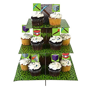 Mining Fun 3 Tier Cupcake Stand - Pixel Miner Party Decorations, Mining Birthday Party Decorations, Gamer Birthday Decorations, Pixel Gaming Party Decorations, Blue Orchards