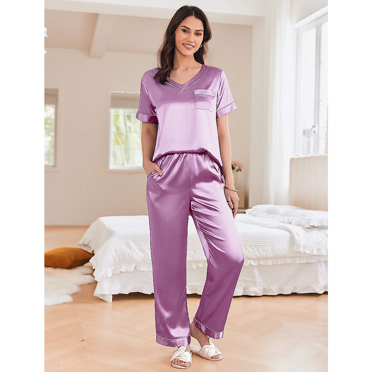 Ekouaer Silky Pajamas for Women Silk Pajamas for Women Classic Satin Sleep Sets Short Sleeve Pjs Set Loungewear Lavender L